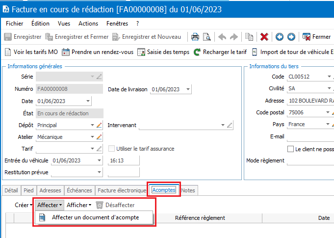 Créer une facture d'acompte dans EBP MéCa – EBP Centre d'aide Maroc